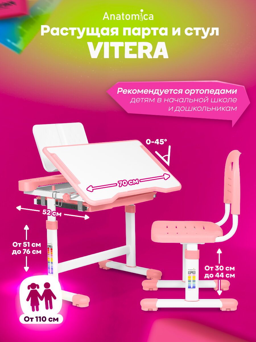 Комплект Anatomica Vitera парта + стул + выдвижной ящик + подставка белый/светло-розовый
