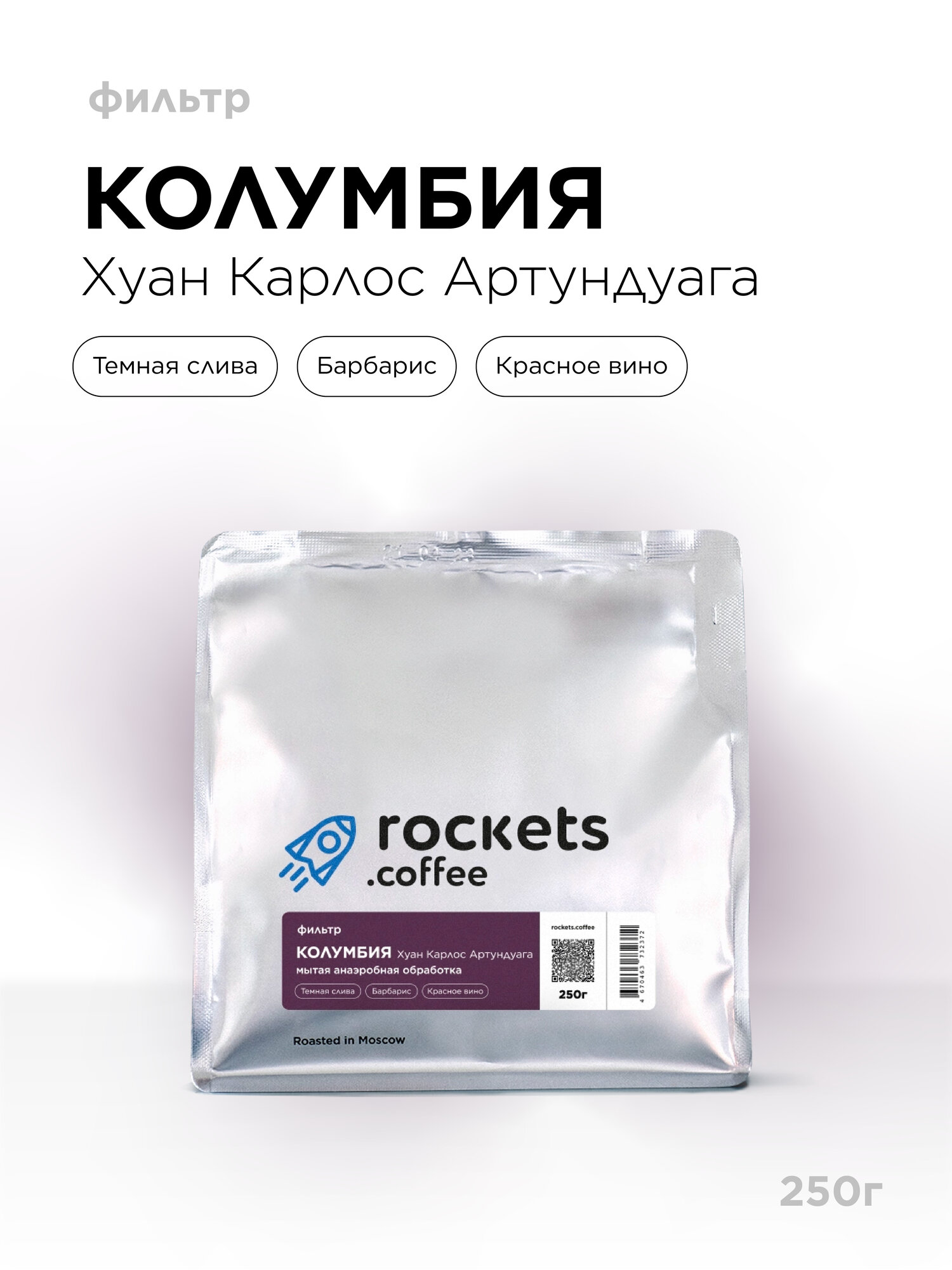 Кофе в зёрнах 250г, Колумбия Хуан Карлос Артундуага, rockets.coffee