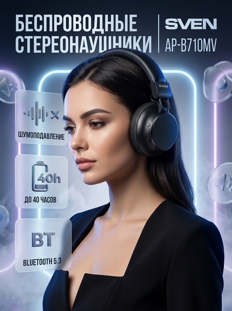Беспроводные стереонаушники с микрофоном SVEN AP-B710MV, черный (Bluetooth, ANC, APP, 3 mics, 500mAh) (SV-022730)