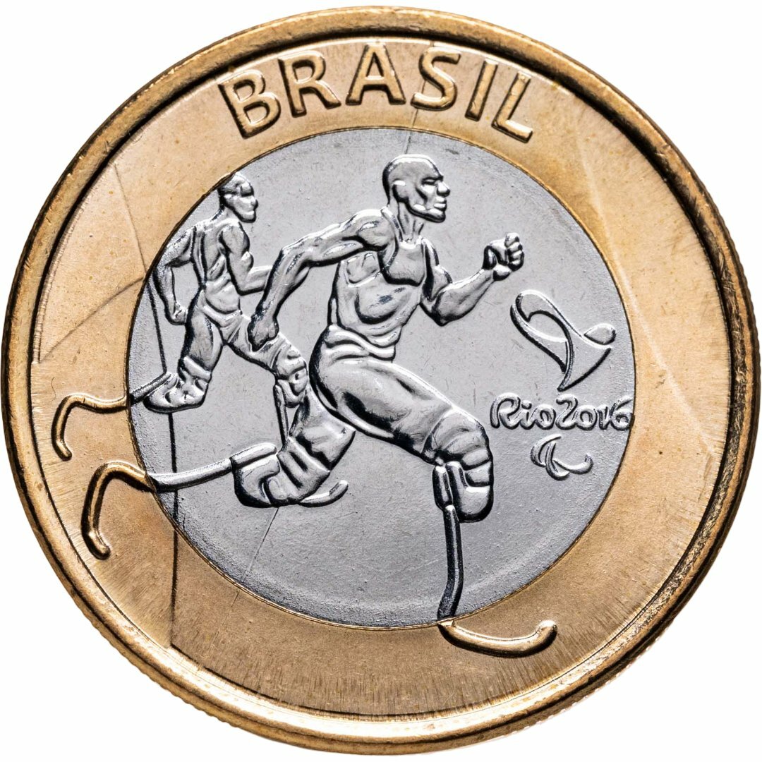 Бразилия 1 real реал 2015 "XXXI летние Олимпийские Игры, Рио-де-Жанейро 2016 paralympic atletism паралимпийская атлетика", Биметалл, в сохранности UNC