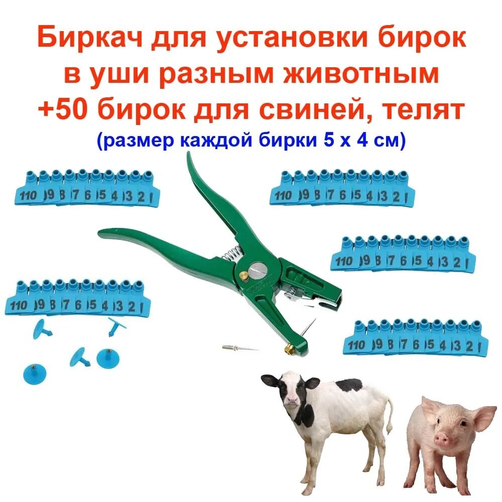 Биркач (щипцы, инструмент) для установки бирок в уши с/х животным +50 бирок в уши для свиней, поросят, телят
