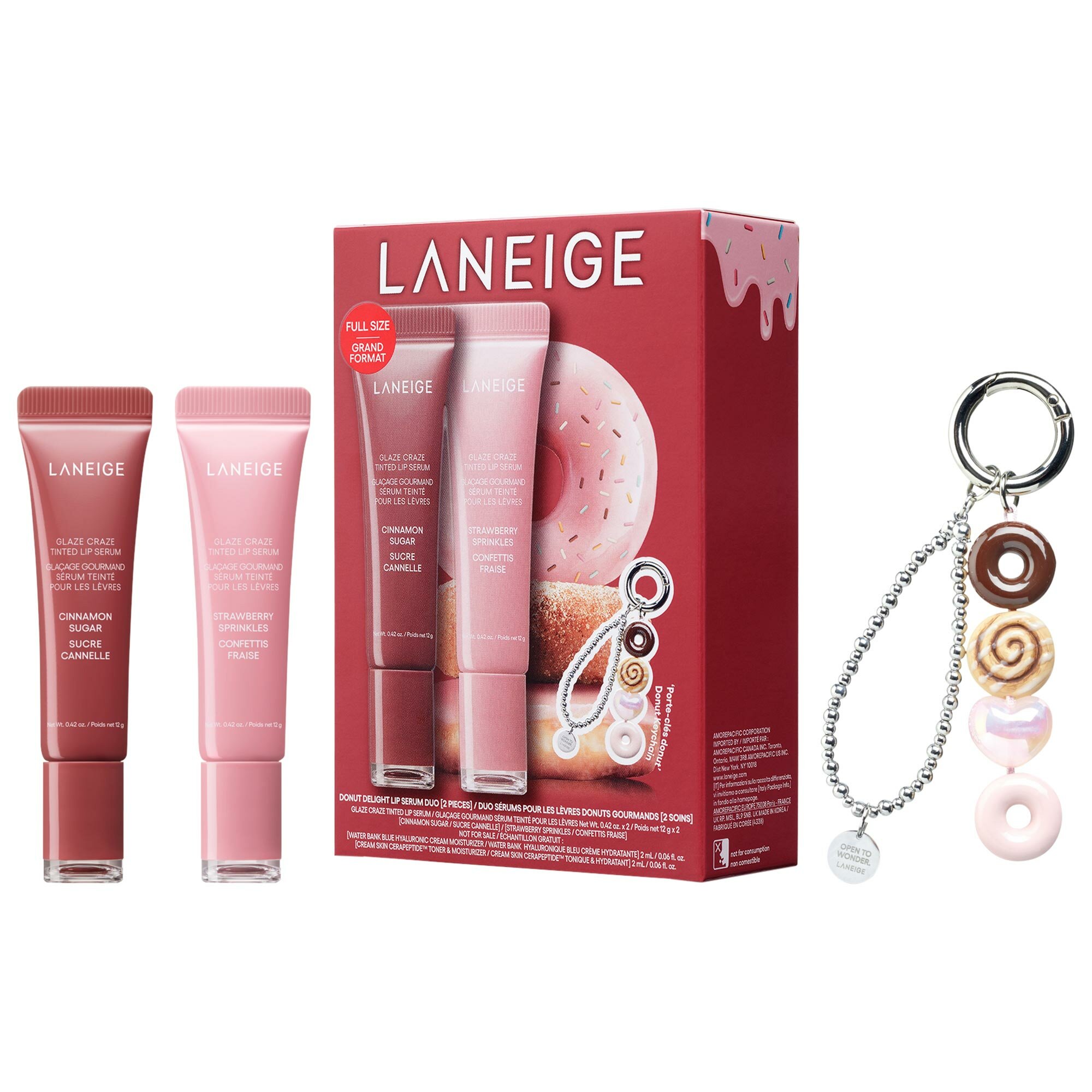 Laneige Набор увлажняющих тинтирующих сывороток Donut Delight Lip Serum Duo + брелок в виде пончика в тон, 2х12 г