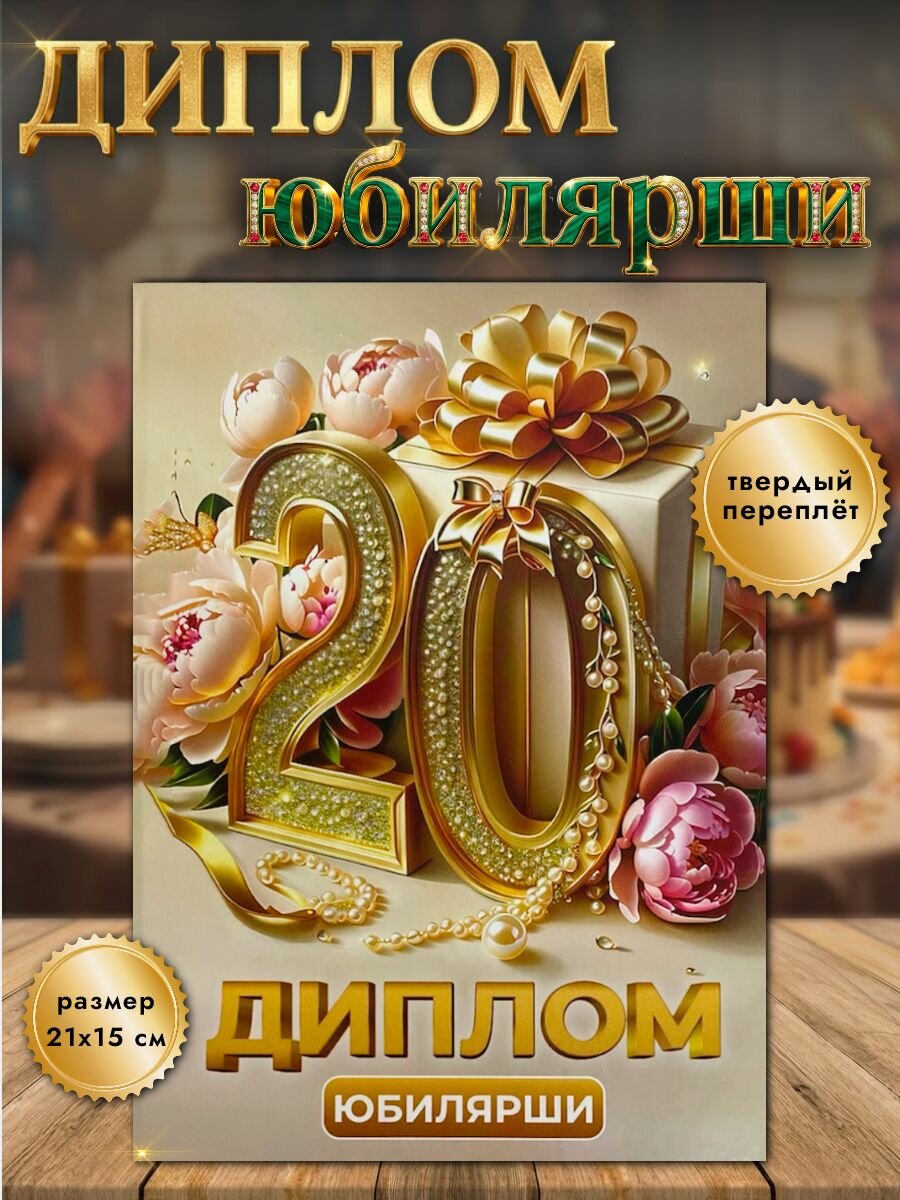 Диплом открытка подарок для награждения на Юбилей и день рождение девушке 20 лет, 150 х 210 мм
