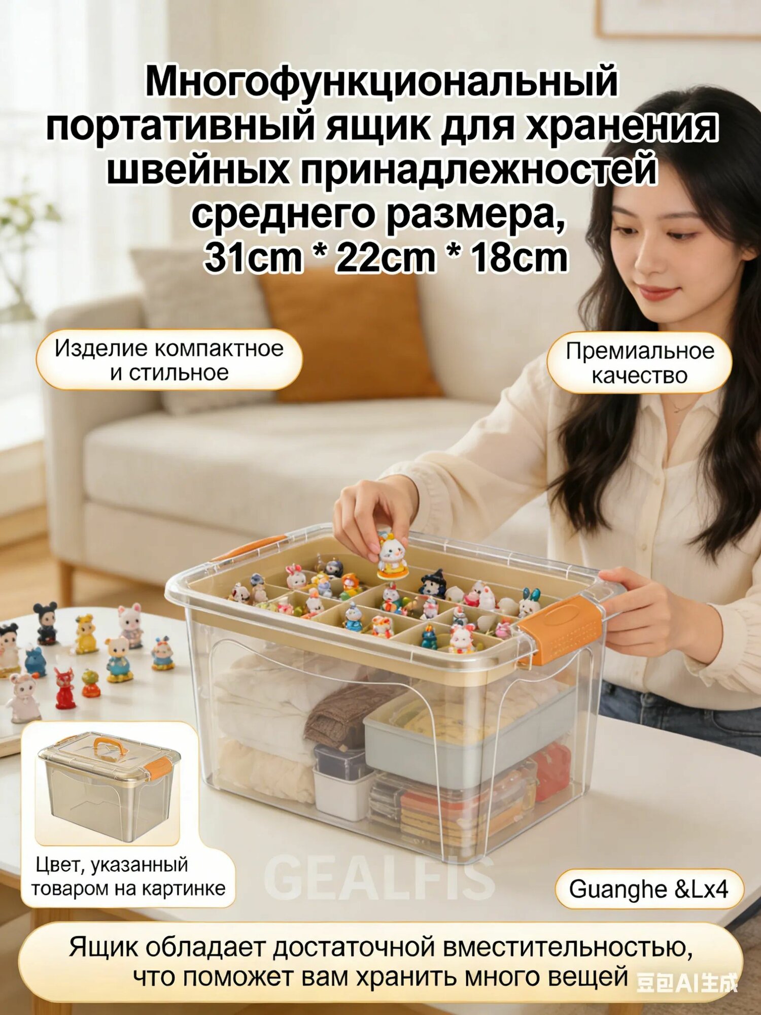 GEALFIS Органайзер для рукоделия, портативный ящик-чемодан, размеры 31.2x22.1x18.1 см, для хранения всех швейных мелочей, с ручкой для переноски