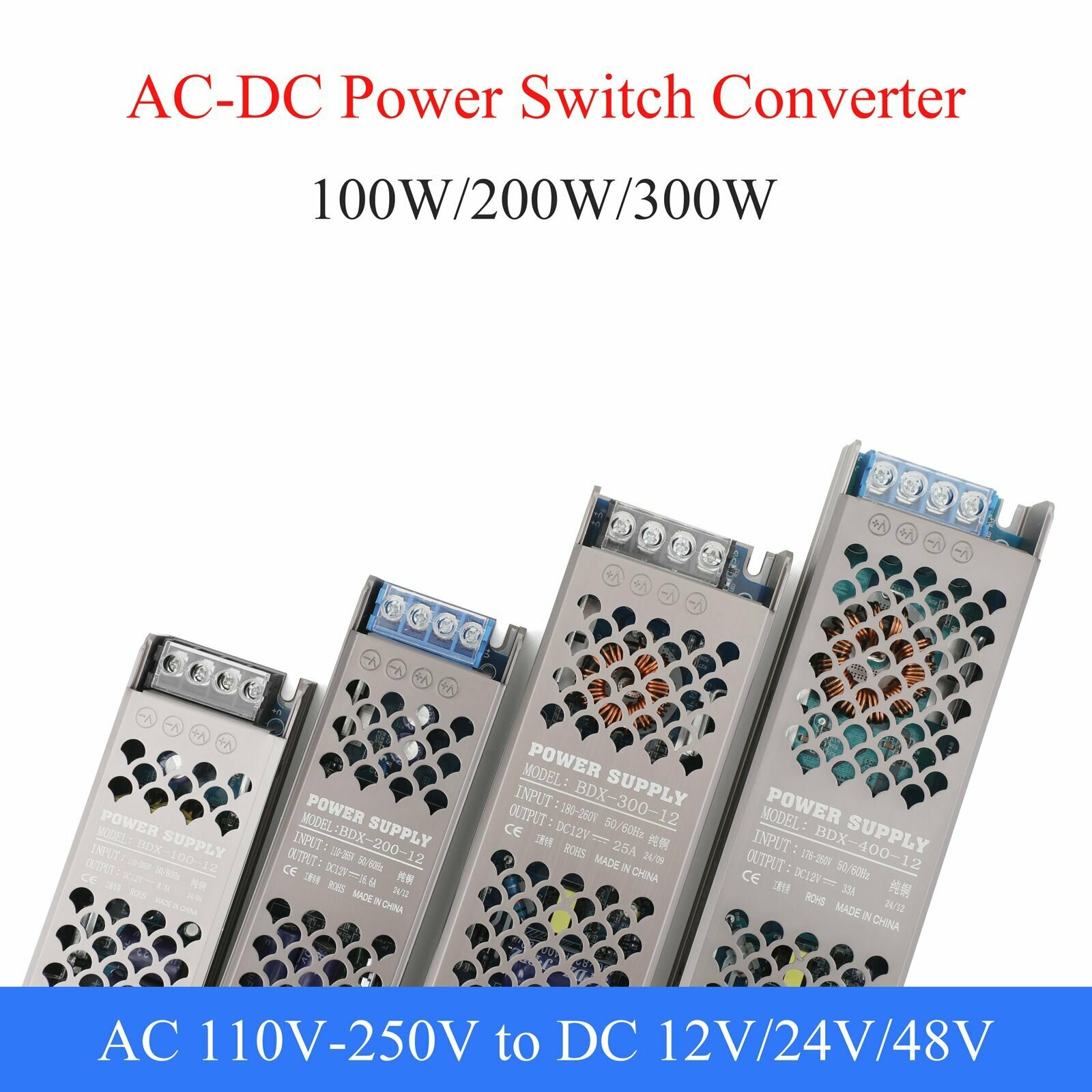 Сверхтонкий импульсный блок питания переменного тока 110-250 В в постоянный ток 12 В 24 В 48 В 45 Вт-200 Вт, адаптер питания в различных стилях для светодиодных лент