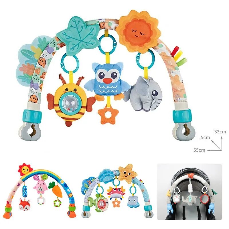Игровая дуга с развивающими игрушками для новорожденных малышей для колясок, кроваток и стульчиков, гибкая, с шуршащими элементами, пищалкой, погремушкой