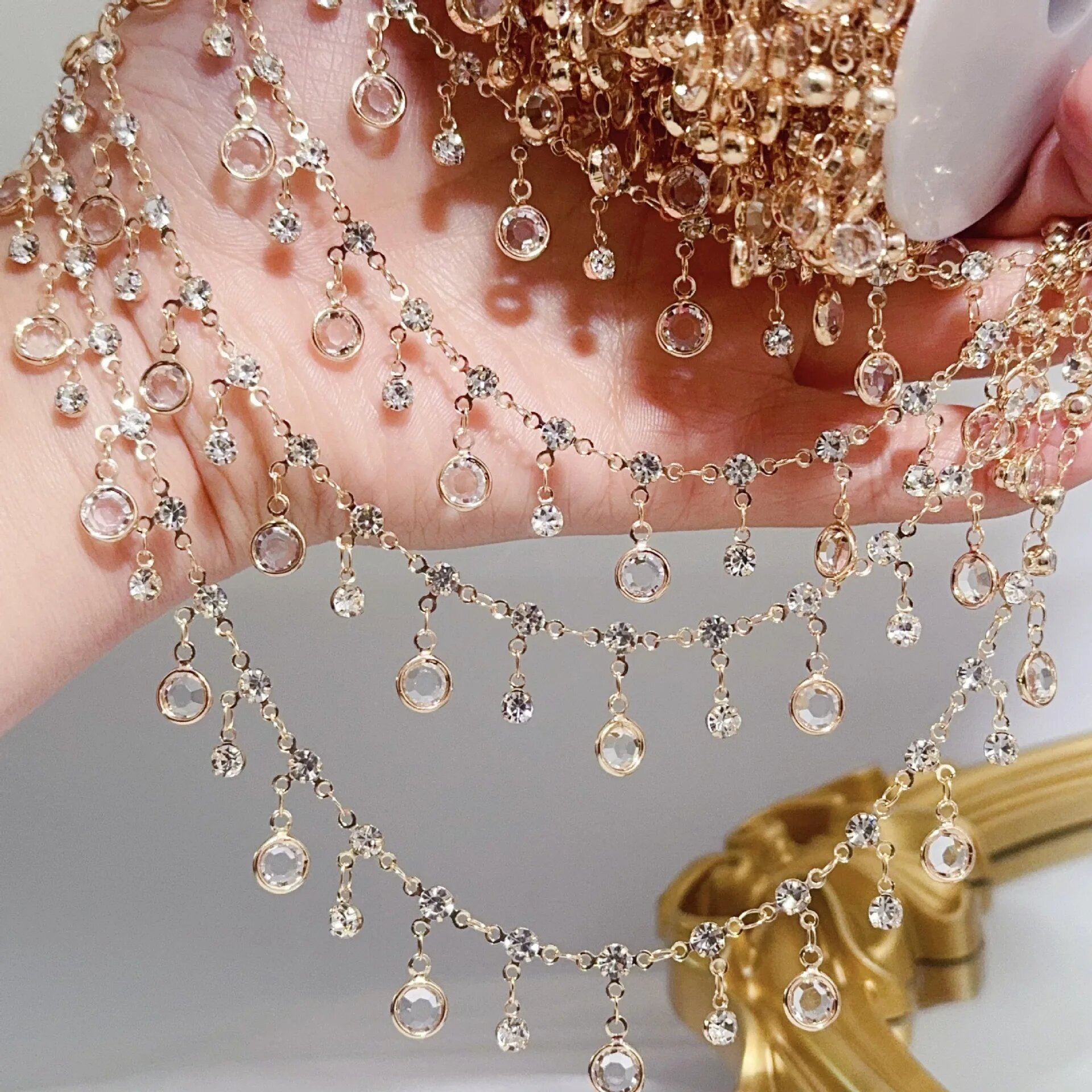 Медная кисточка со стразами 0,5/1/2 м 1meter, KC Gold Color