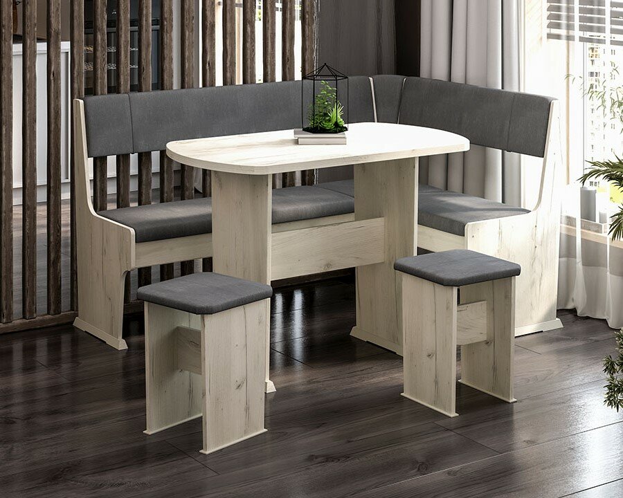 Кухонный уголок, скамья/стол/табуреты "Рио", Дуб Крафт белый, Микровелюр Duna Steel