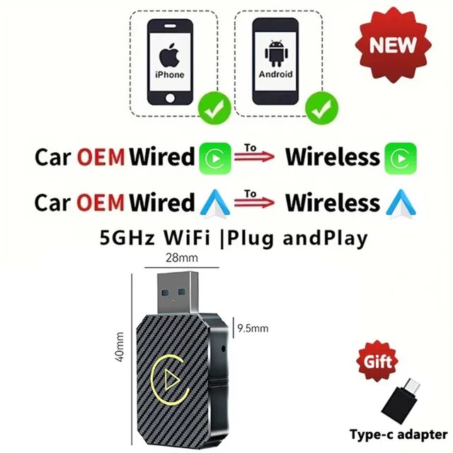 Это беспроводной адаптер CarPlay 2-в-1 для автомобильных систем Apple iOS и Android. Он поддерживает функцию Plug-and-Play через USB и совместим с моделями автомобилей Javier, Kia, Volvo, Audi, MG, Volkswagen, Hyundai, Jeep и многих других.