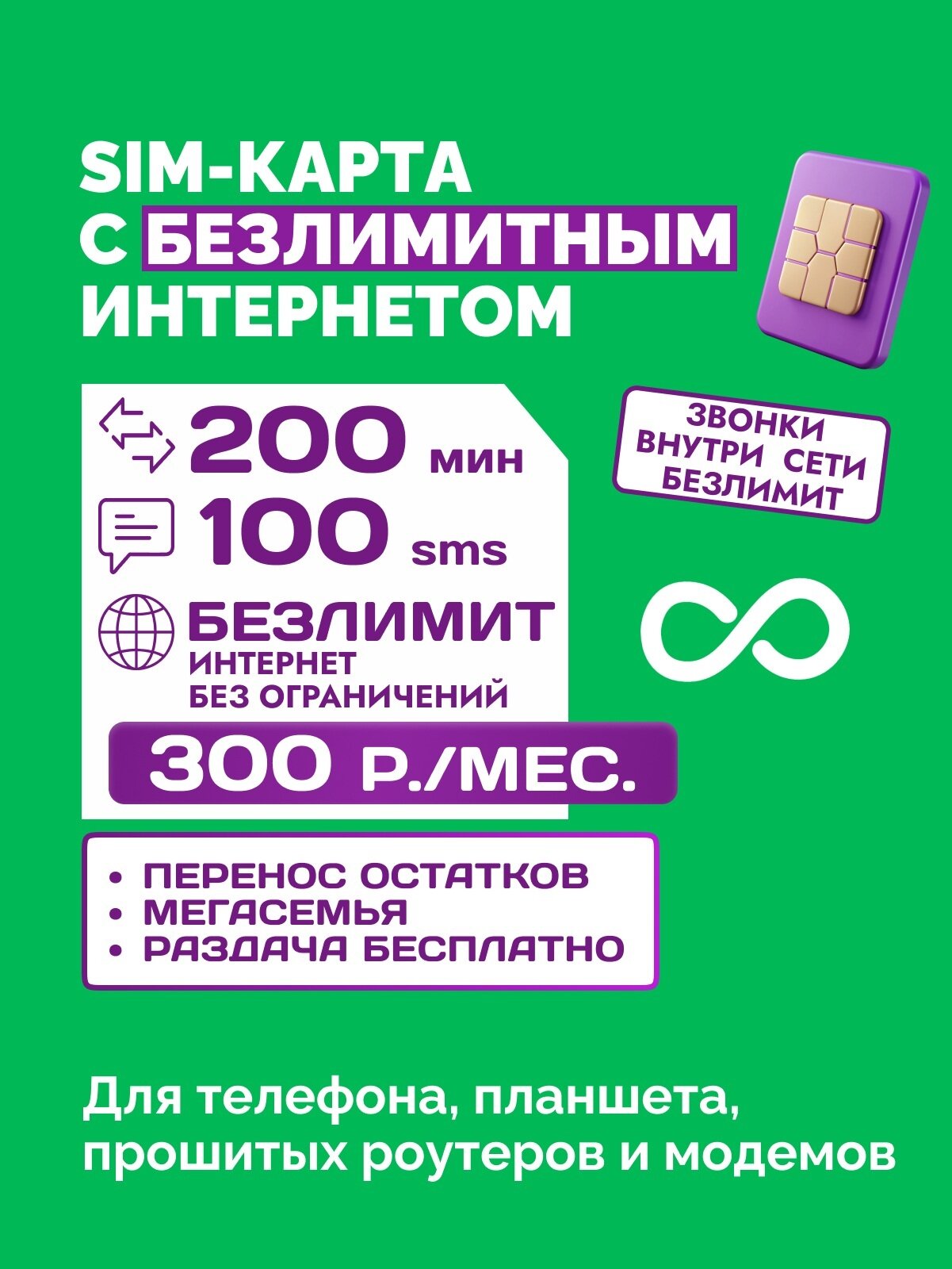 МегаФон Sim-карта безлимитный интернет. тариф для модема, роутера, планшета, телефона