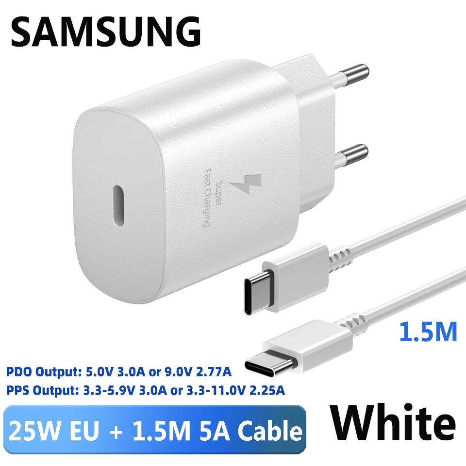 Оригинальное Зарядное Устройство Samsung 25W Super Fast Charger PD Type-C Для White EU add 1.5m