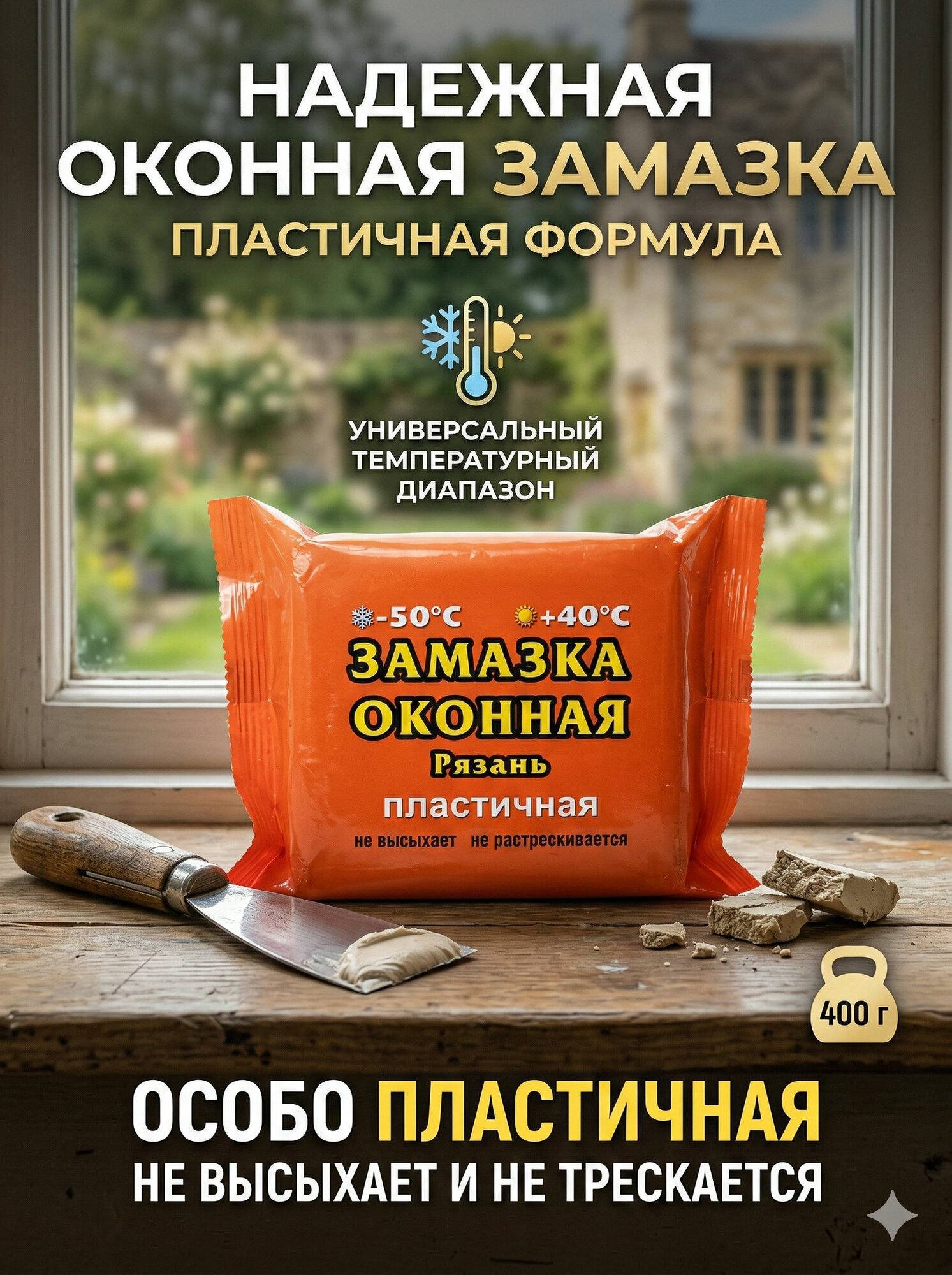 Замазка для окон деревянных 400г уплотнитель для герметизации стыков и швов, используется при уплотнении рам, ликвидации сколов и трещин