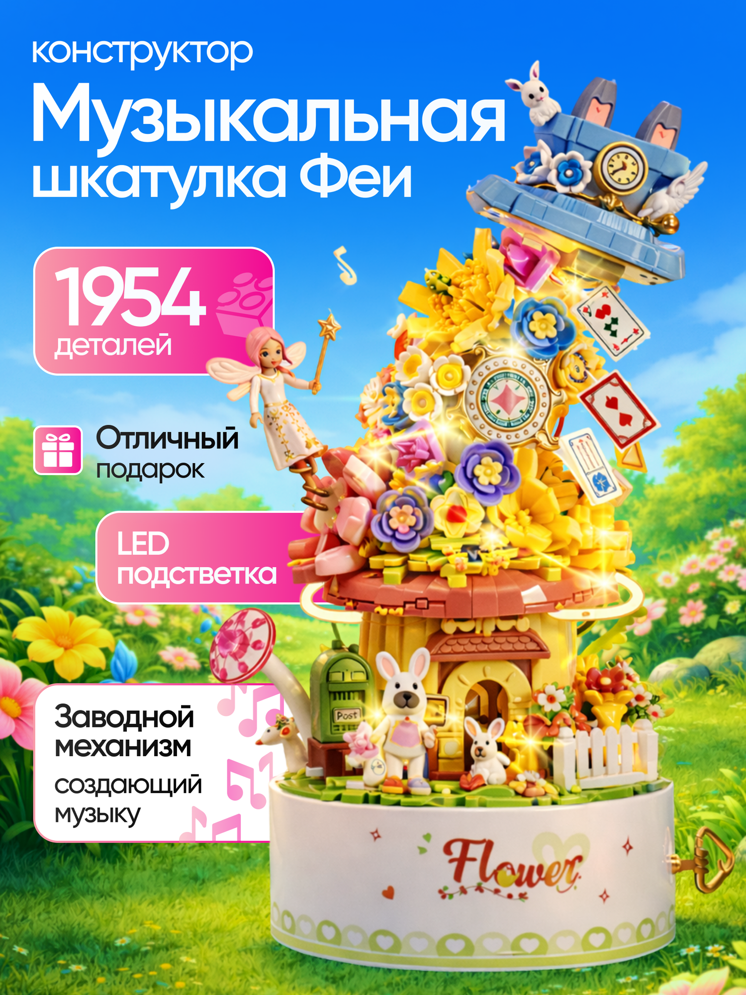 Конструктор BIMA Toy "Домик феи", музыкальный, 1954 детали, розовый, от 14 лет