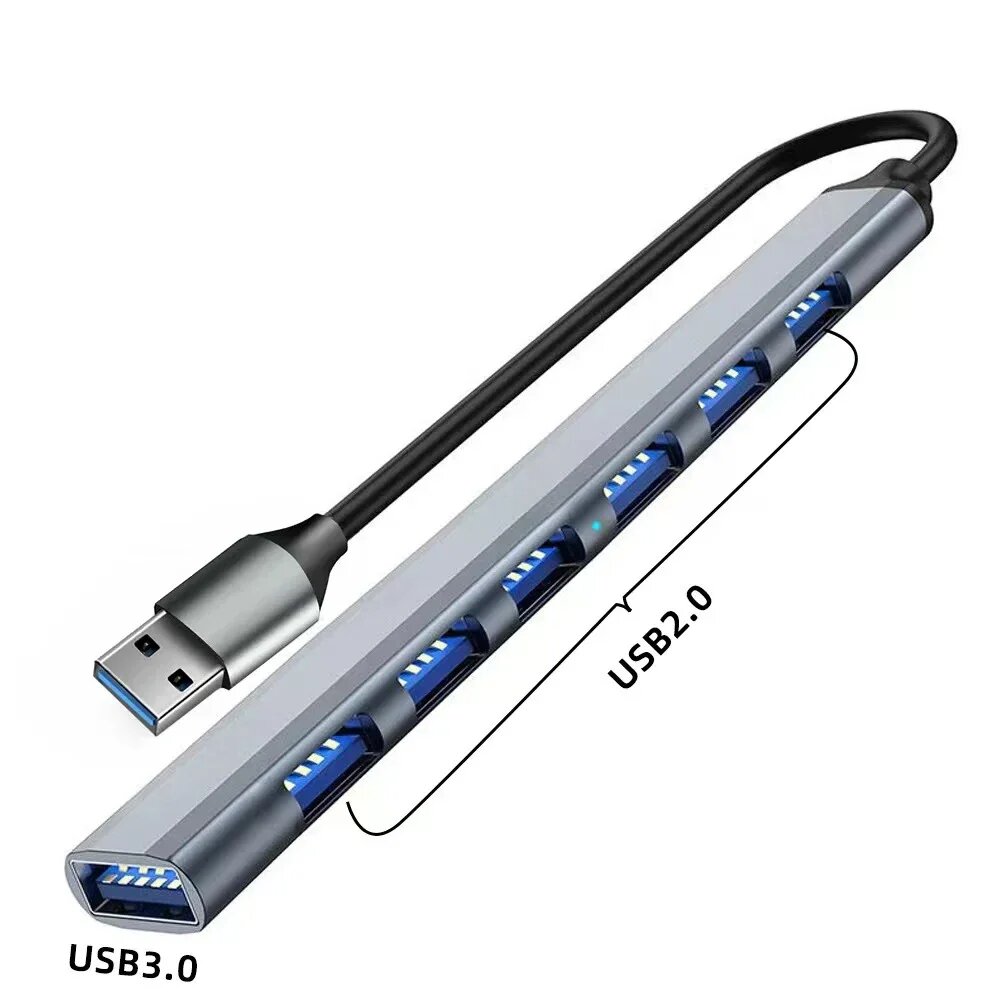 USB 3.0 концентратор 7-портовый USB 2.0, серый, алюминий