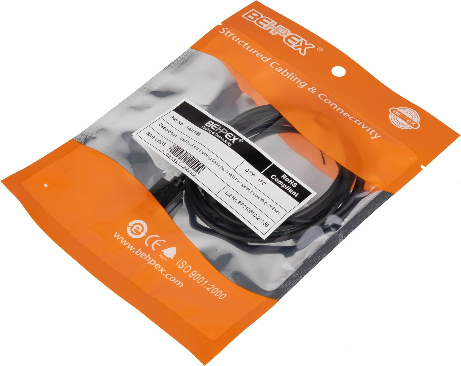 Кабель USB m-Lightning m, 1 м, черный