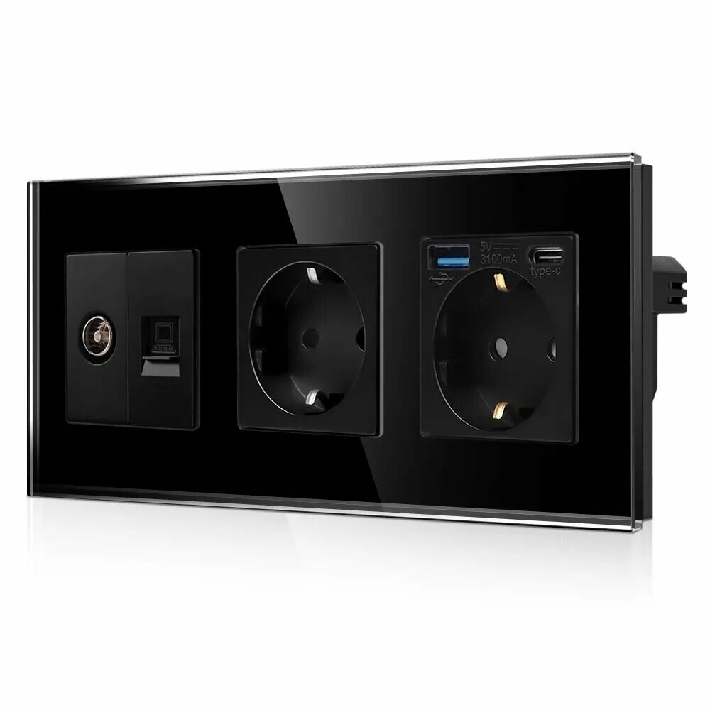 Розетка тройная с usb и type C для тв и RJ 45 Ethernet, c заземлением , черная стеклянная.