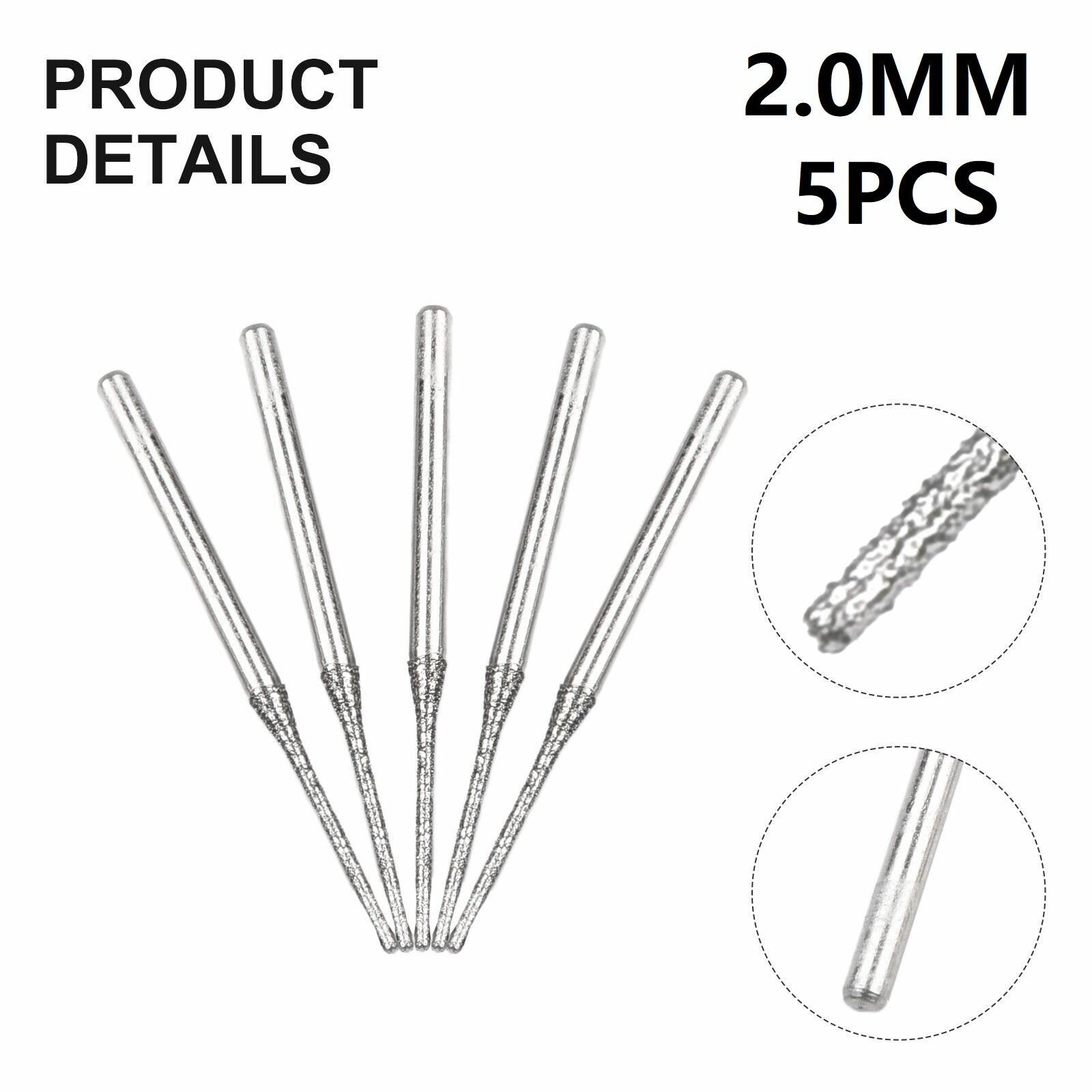 Набор из 5 алмазных сверл, диаметр 2,0 мм, диаметр стержня 2,35 мм, подходит для стекла, нефрита, янтаря и изделий из стекла