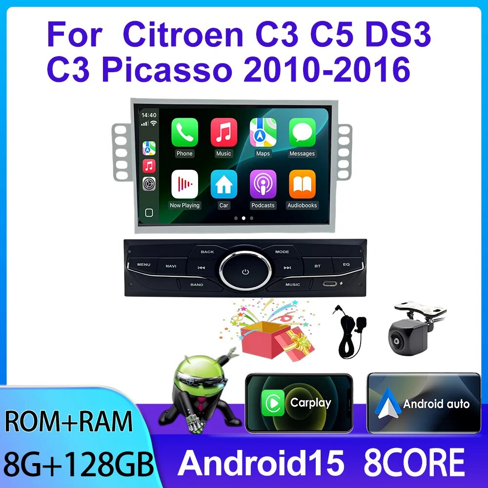 Мультимедийный плеер с авторадио Android 15, для Citroen C3 Picasso DS3 C5 2009-2017, с GPS-навигацией Carplay, 2DIN, стерео аудио