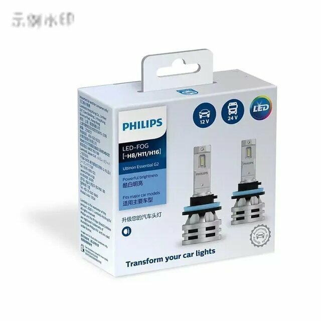 Philips Лампа автомобильная H8/H11/H16, 2 шт. арт. Ultinon Essential G2 LED H1 H4 H7 H8 H11 H16 HB3 HB4 HIR2 12V 24V 6500K 车灯
