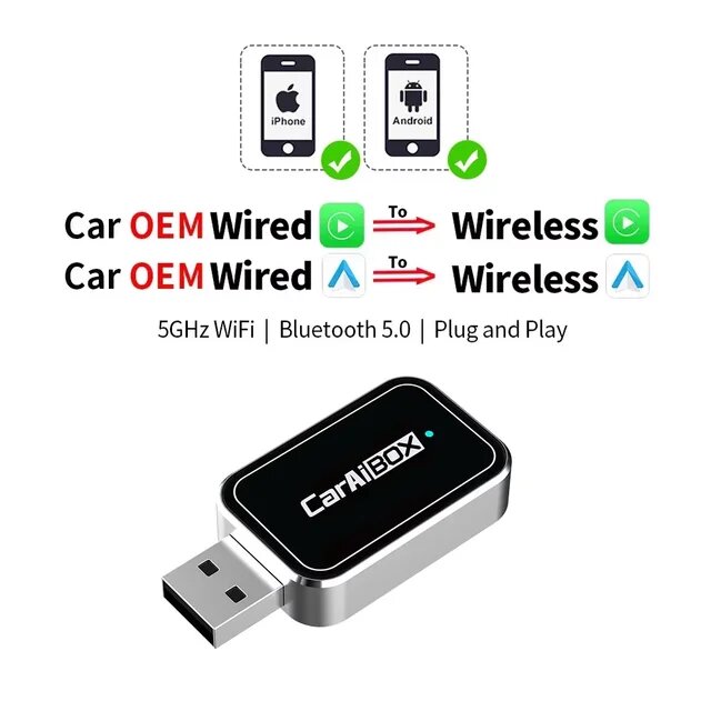 Этот беспроводной адаптер CarPlay 2-в-1 совместим с автомобильными системами Apple iOS и Android. Он поддерживает функцию Plug-and-Play через USB и подходит для автомобилей Volvo, Kia, Mercedes-Benz, Audi, Volkswagen, Hyundai, Jeep и других марок.