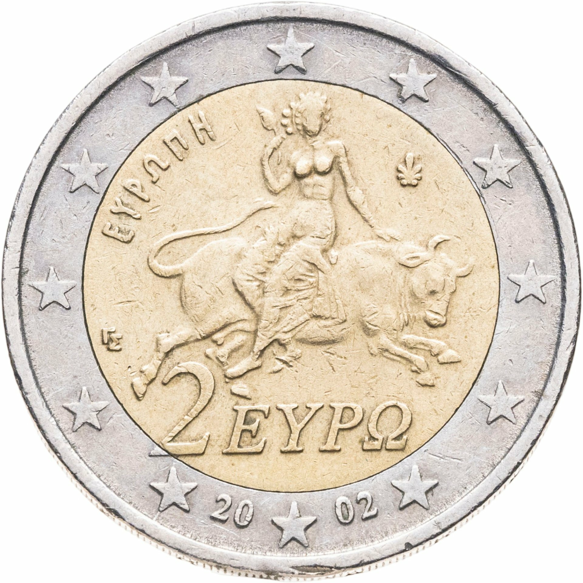 Греция 2 евро euro 2002 регулярный чекан, без обозначения монетного двора, Биметалл, в сохранности VF-XF