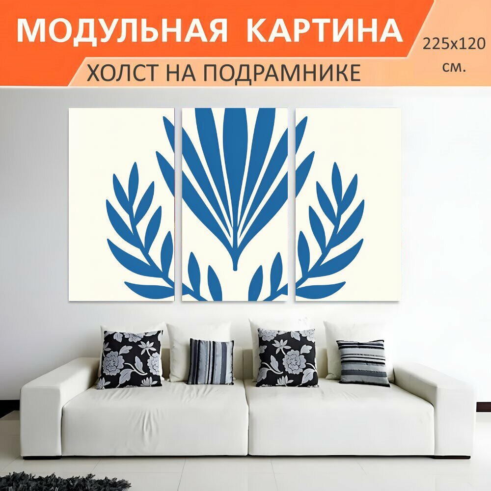 Модульная картина на холсте "Синий растительный орнамент. Лаконичный ботанический узор из симметричных листьев и ветвей в насыщенном." триптих на подрамнике 225х120 см. для интерьера