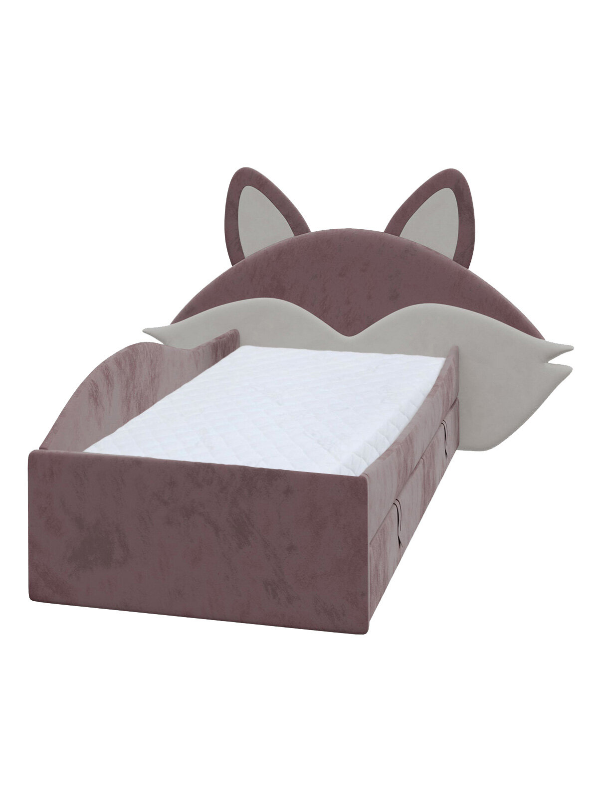 Детская односпальная кровать Фокс 90х200 см, с основанием настил, с мягким изголовьем, с ящиками, Слива, велюр