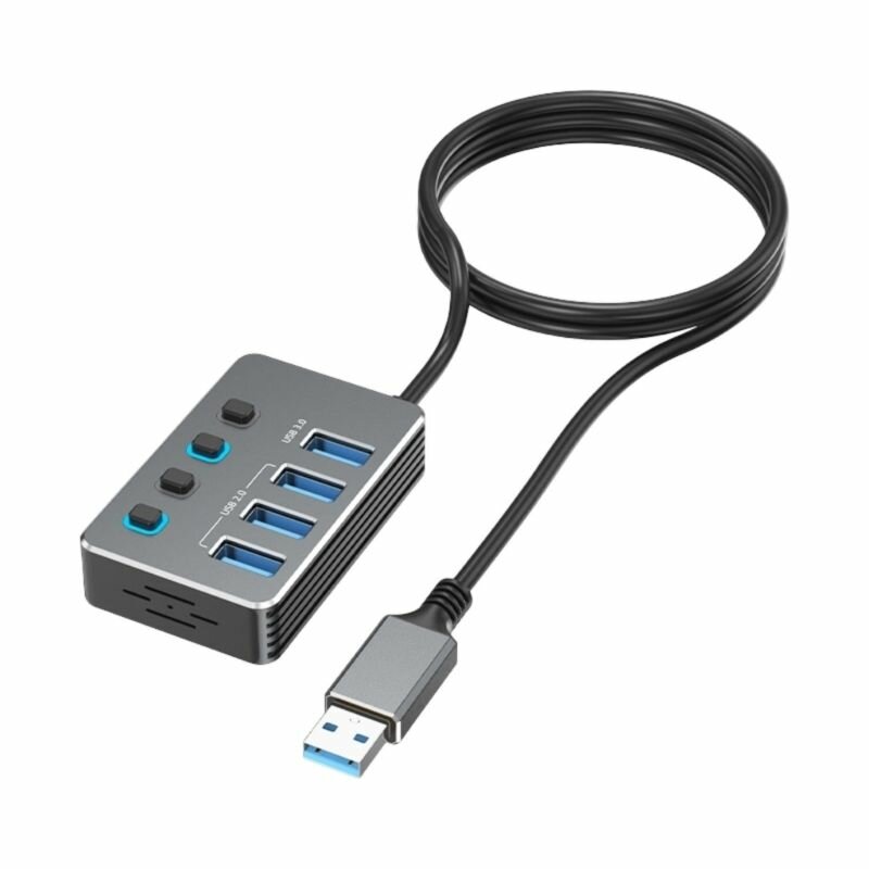 (1 шт.) Алюминиевый 4-портовый концентратор с независимыми выключателями (1xUSB 3.0 + 3xUSB 2.0) 150 см, прямой штекер