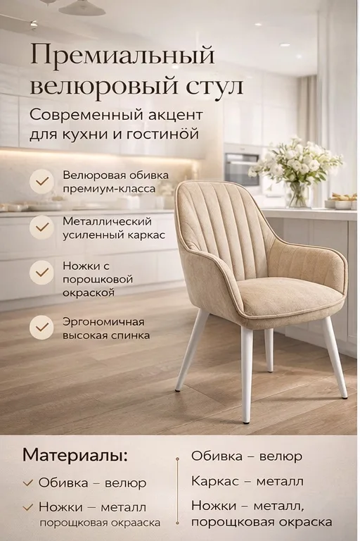Стул мягкий бежевый Виста с белыми ножками, 1шт