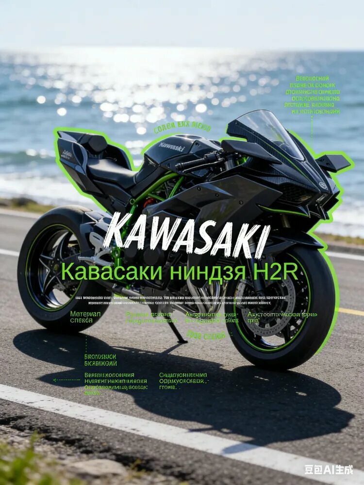 Инерционный мотоцикл из металла Kawasaki Ninja H2R масштаб 1:18 со звуковыми и световыми эффектами; детализированная модель байка на подставке в подарок мальчику и папе