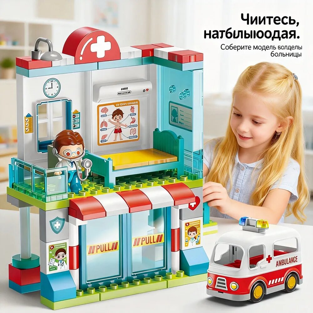 Большой конструктор "Больница" с скорой помощью и фигуркой врача для детей 3-7 лет развивающая игрушка