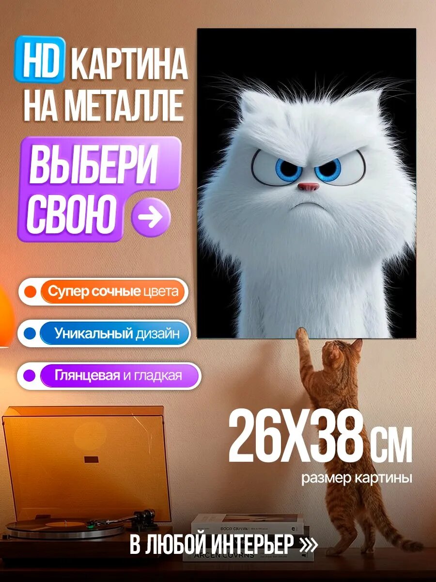 Картина на HD металле Злой белый кот