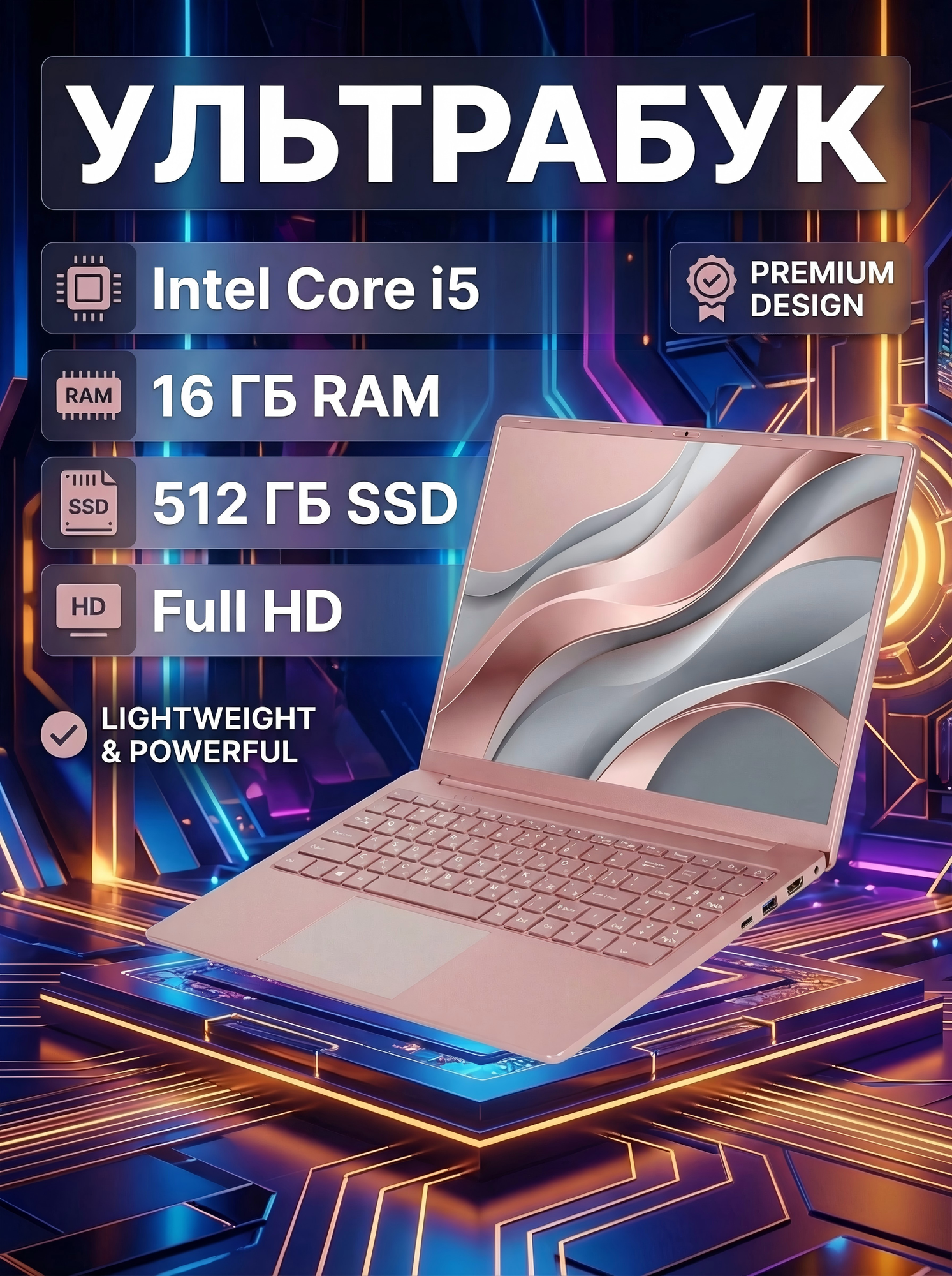 Ноутбук для работы и учебы, Notebook, 16ГБ RAM,512GB SSD, Intel Core i5, Windows 11, 15,6", 1920x1080 розовый