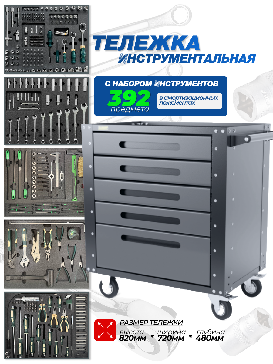Тележка с комплектом профессионального инструмента Rock Force 392 предмета в ложементах