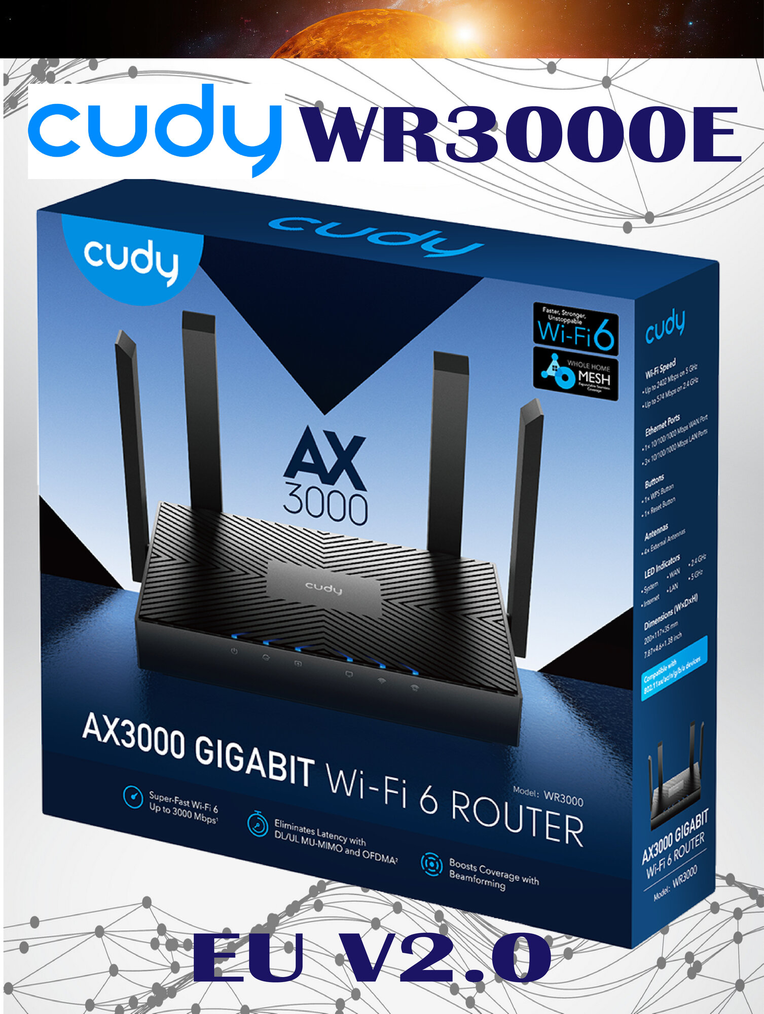 WiFi-роутер Cudy WR3000E v2.0 Wi-Fi 6, 2,4/5 ГГц, 3000Мбит/с, 4 внешние антенны