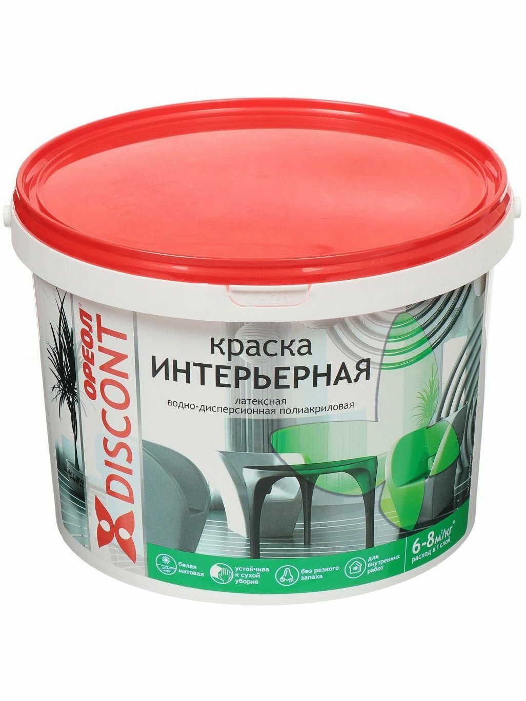Краска водно-дисперсионная Ореол Дисконт латексная интерьерная матовая белая 1.5 кг для стен и потолка для внутренних работ