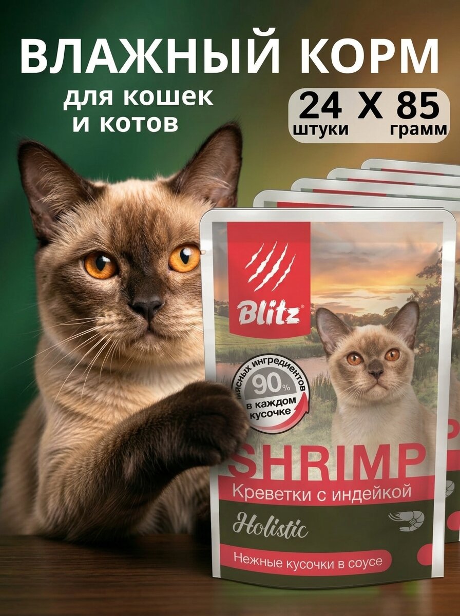 Влажный корм для кошек Blitz Holistic Shrimp креветки и индейка, паучи, 85 г х 24 шт