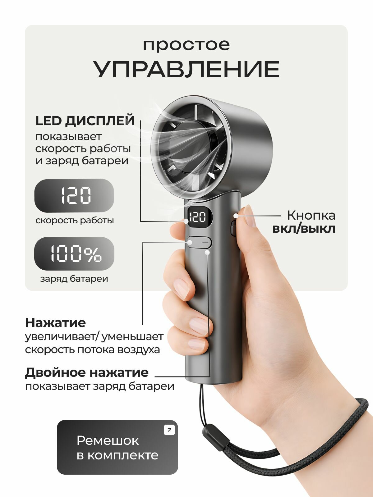 Портативный мощный вентилятор 120 скоростей, с LED-дисплеем, легкий 142 г, тихий, стильный. — фото 1