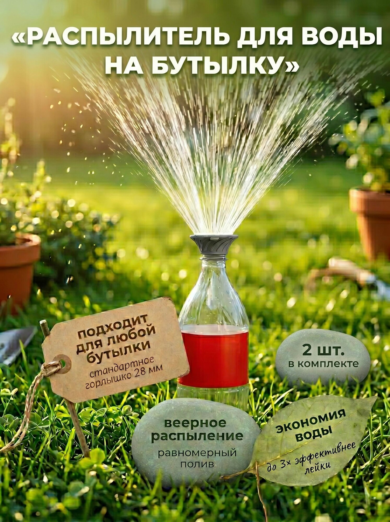 Распылитель для воды на бутылку садовый 2в1, насадка лейка для полива цветов, рассады, огорода, комнатных растений, универсальная на горлышко 28 мм