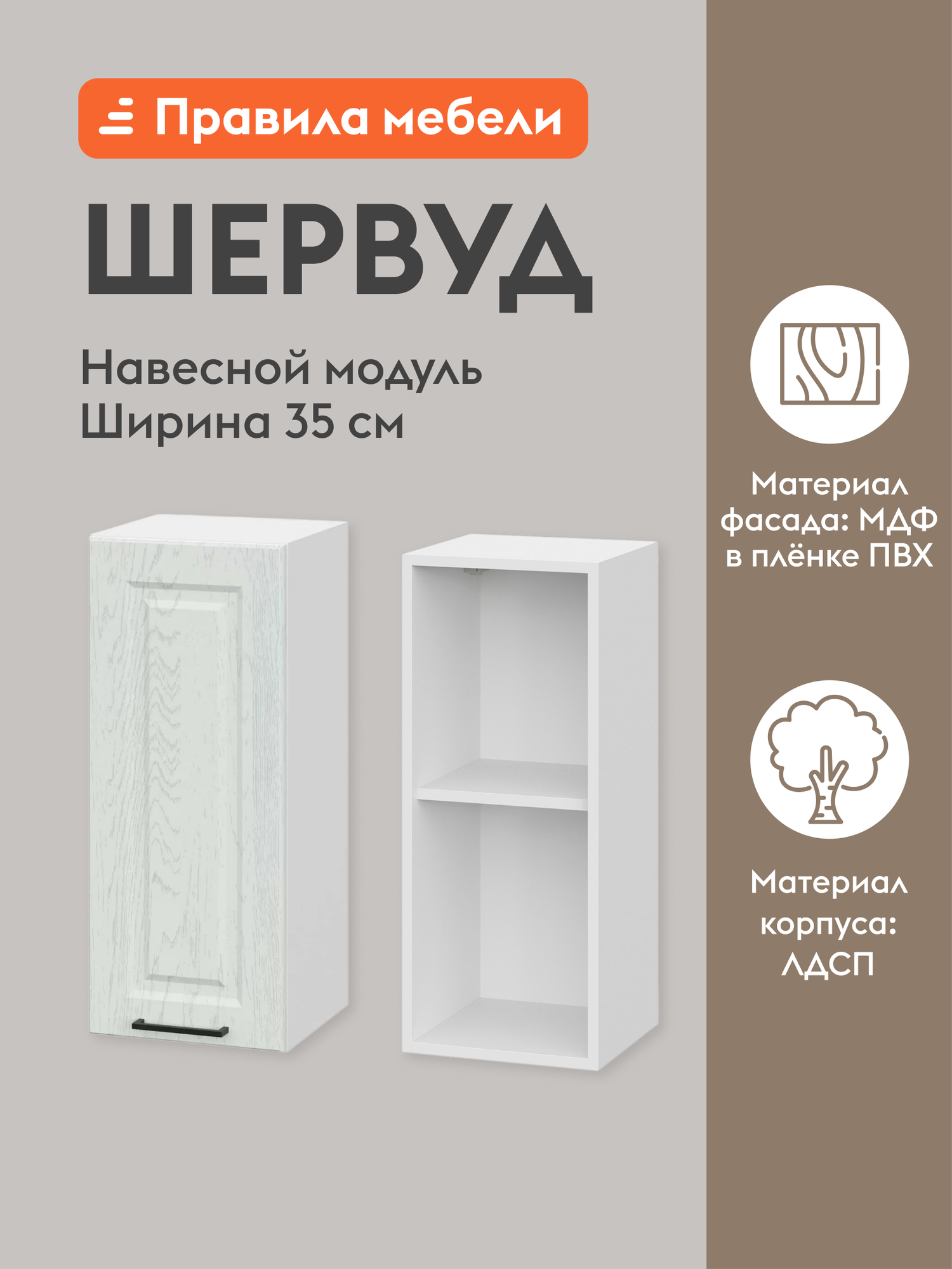 Кухонный модуль навесной, шкаф Шервуд с доводчиками, с полками, 35х29.6х72 см, Белый / Арктик
