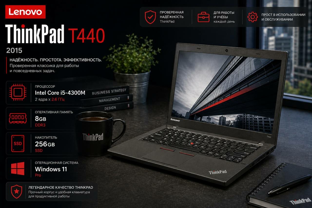 Ноутбук LENOVO ThinkPad T440 2015 Core i5-4300M 2 ядра / Ram 8Gb / SSD 256Gb / Windows 11 Pro