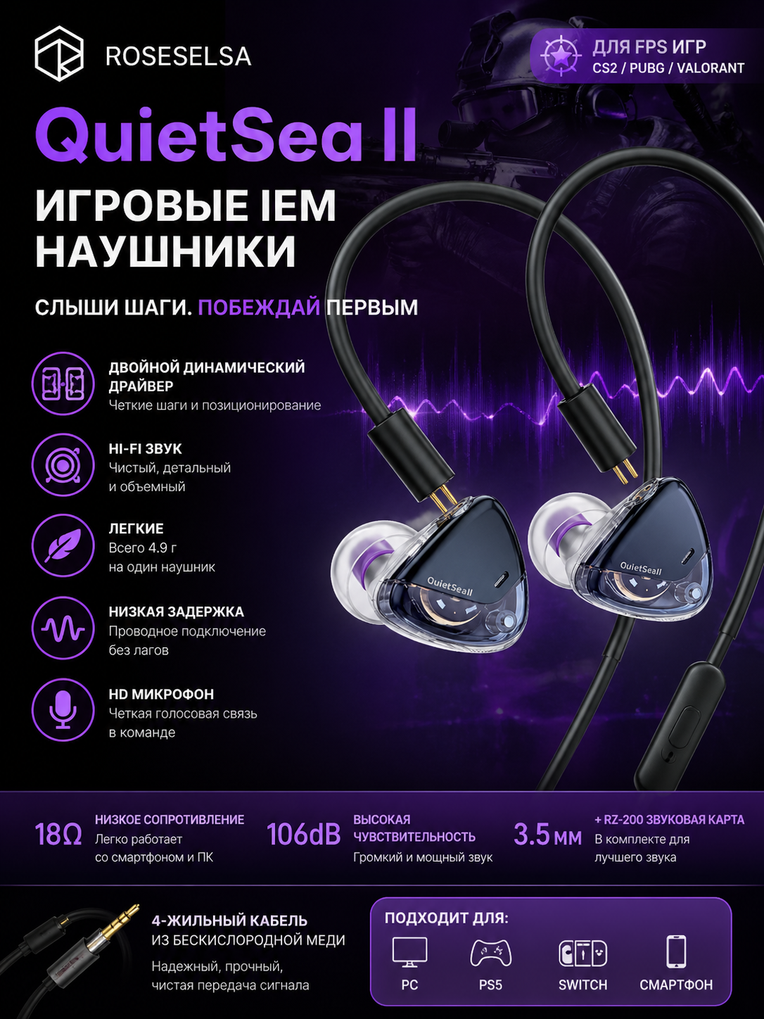 Roseselsa QuietSea II игровые IEM-наушники, Hi-Fi звук, шумоизоляция, 2 кабеля, Type-C адаптер（Moon Blue）