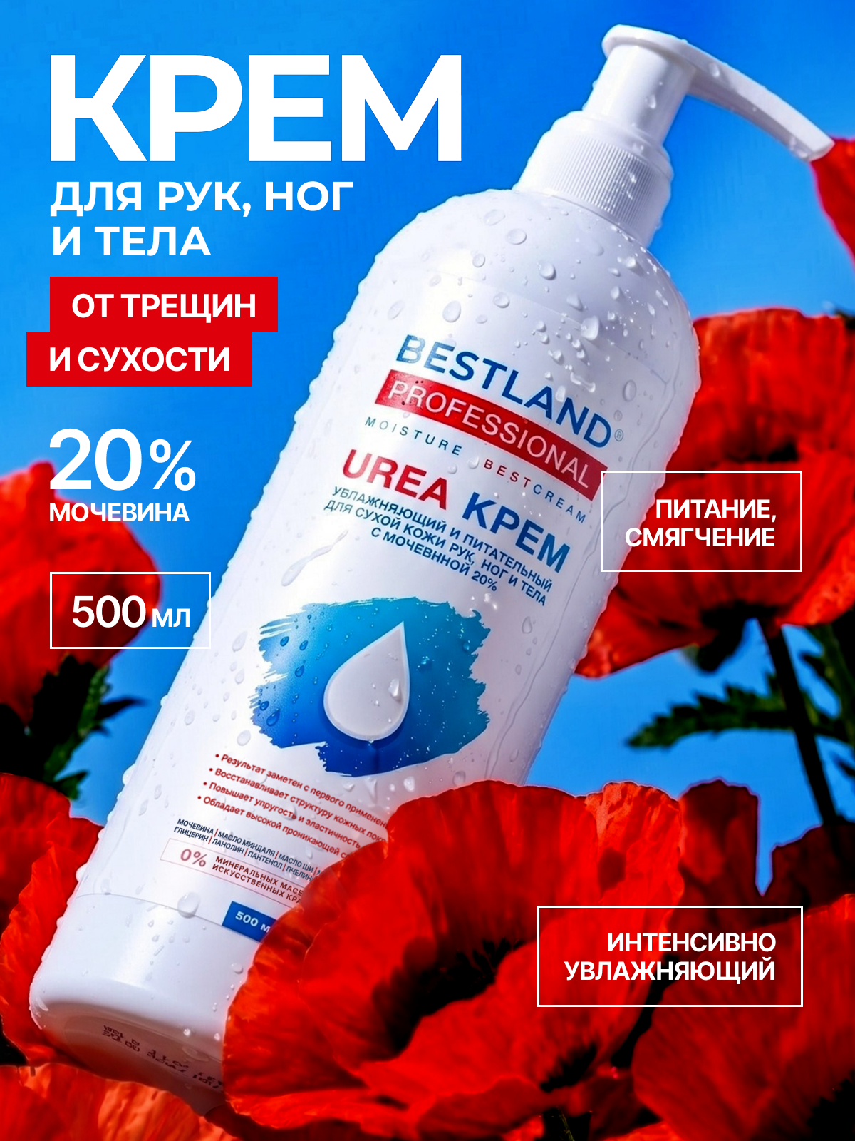 Крем для рук, ног и тела Bestland, увлажняющий и питательный уход с мочевиной 20%, 500мл