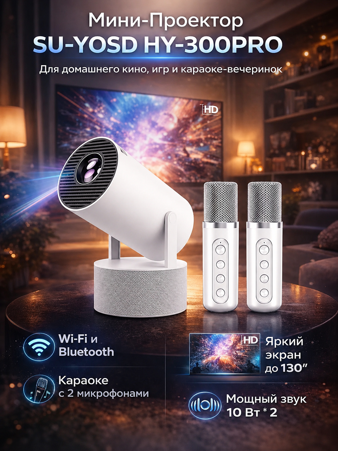 Проектор для фильмов и игр с караоке микрофонами Android, Wi-Fi, Bluetooth SU-YOSD HY-300PRO KTV Черный