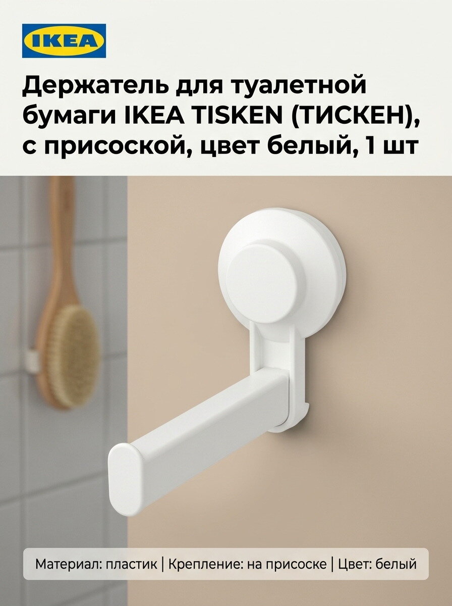 Крючок для ванной IKEA - TISKEN (тискен), с присоской, цвет белый, 1 шт