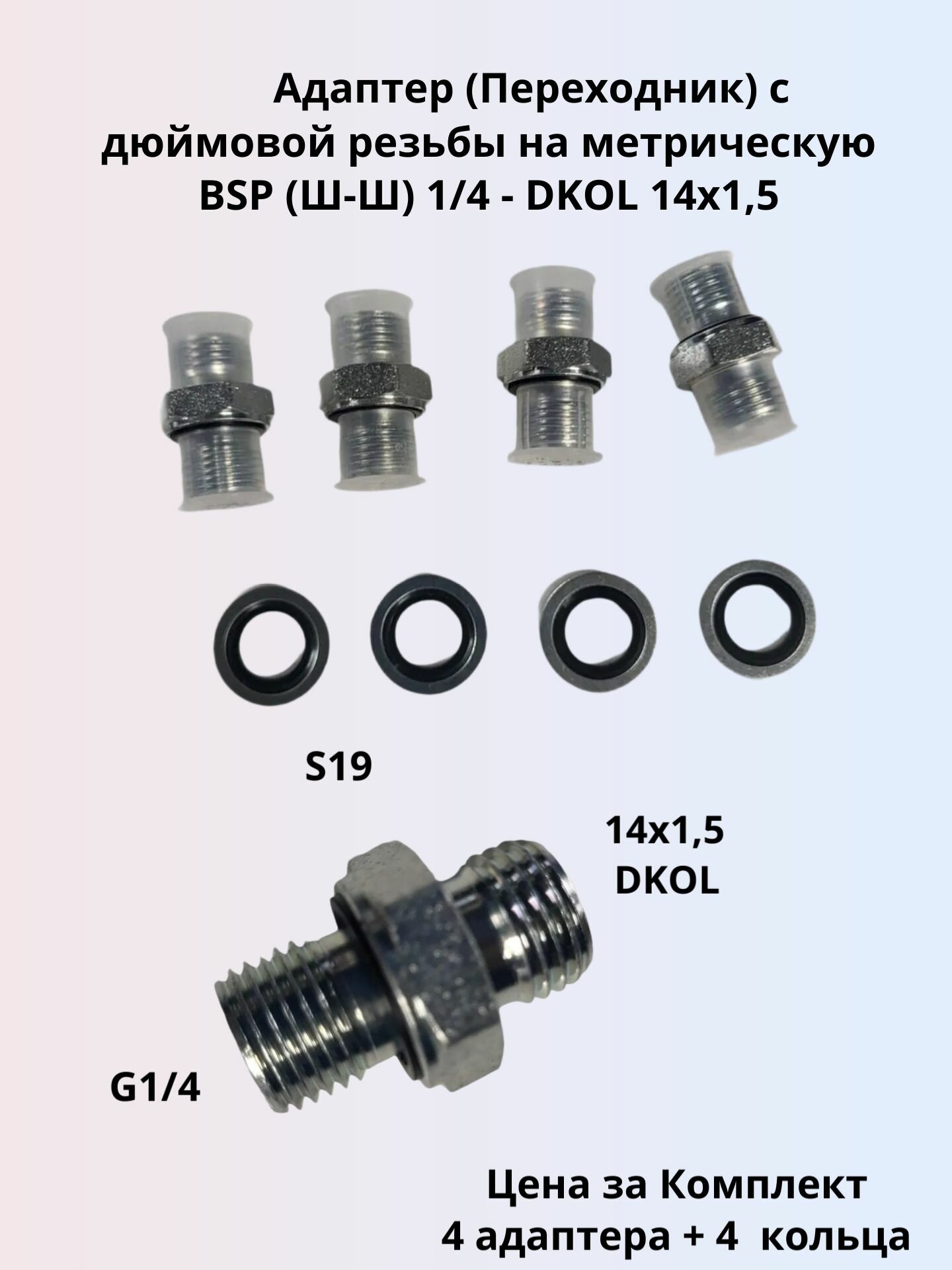 Адаптер (Соединитель + кольца) BSP (Ш-Ш) 1/4 - DKOL 14x1,5 (4 шт в комплекте + 4 кольца)