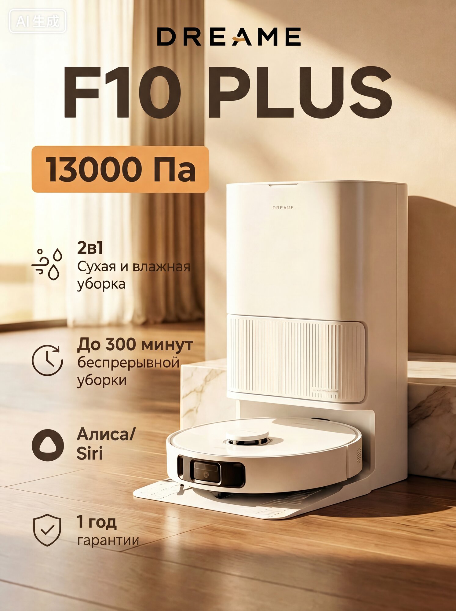 Dreame F10 Plus — робот-пылесос 2-в-1, 13 000 Па, 5200 мА·ч, сухая и влажная уборка