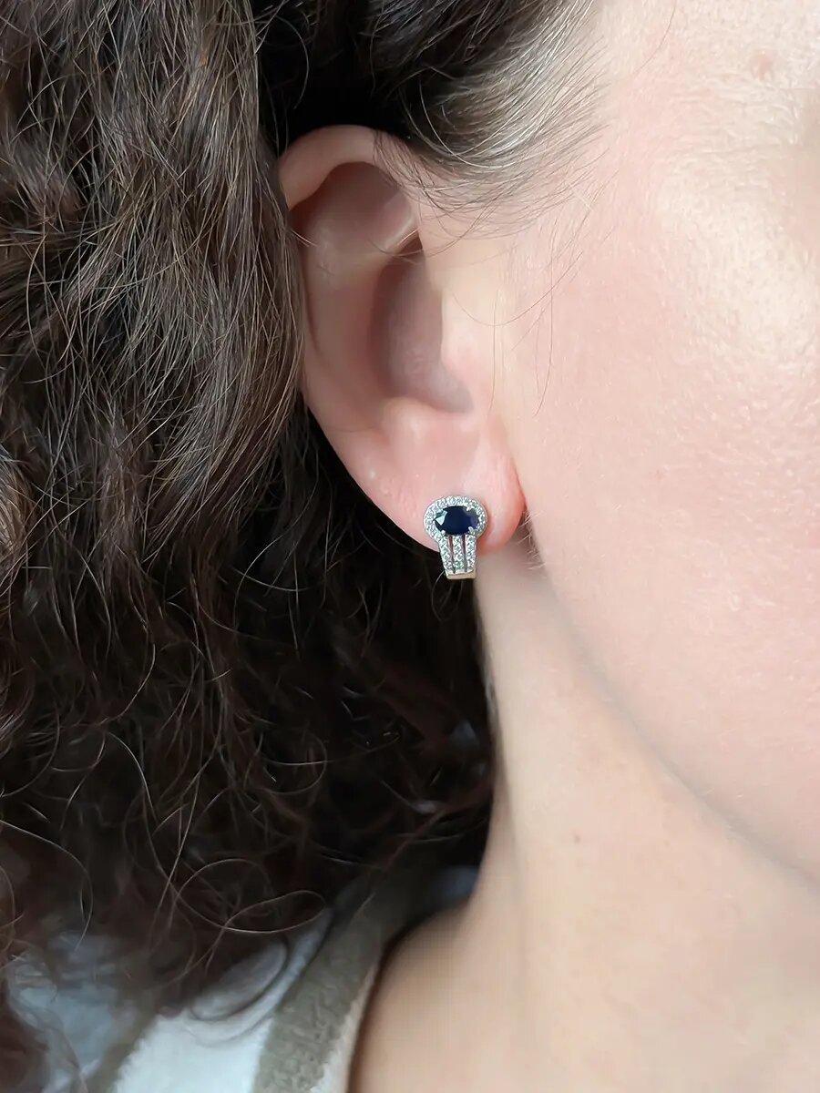 Серьги, серебро, 925 проба, родирование, сапфир, фианит