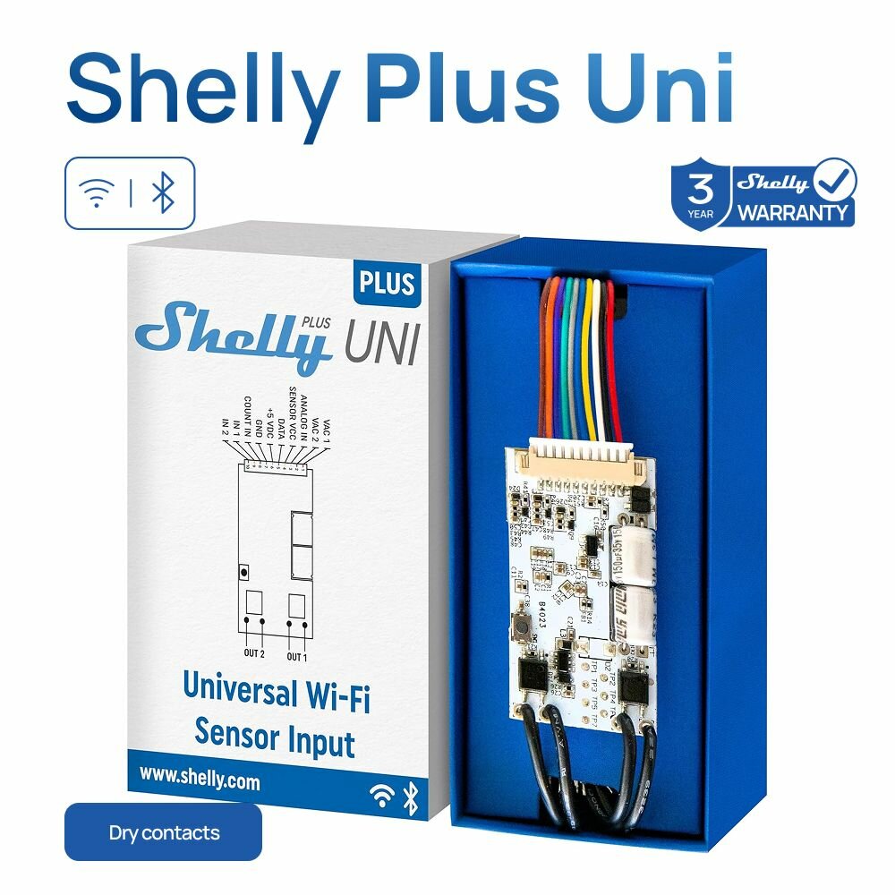 Shelly Plus Uni умный Wi-Fi-модуль управления, компактное устройство, разработанное для систем, обеспечивающее продвинутую автоматизацию и точный мониторинг.