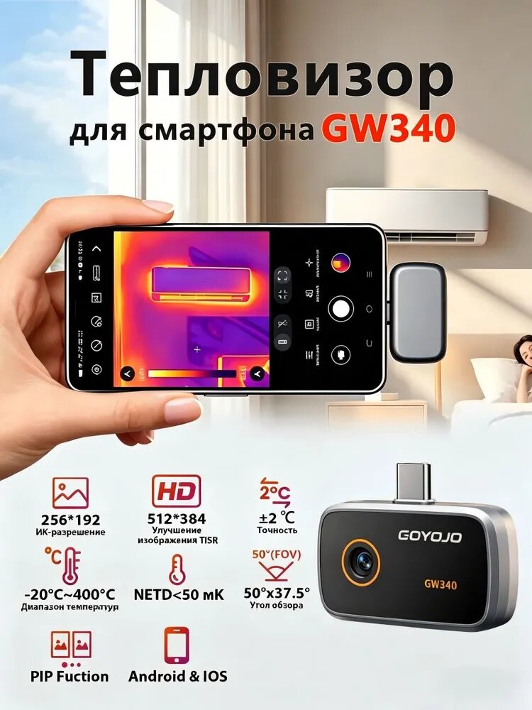 512*384 Температурный сканер GW340 оснащен интерфейсом Type-C и совместим с устройствами Android и iOS, что делает его подходящим для осмотра зданий и обнаружения теплопотерь